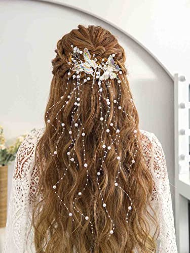 CASDRE Butterflies Bride Wedding Hair Vine Silver Pearl Bridal Headband Rhinestone Headpiece Hair Accessories for Women and Girls