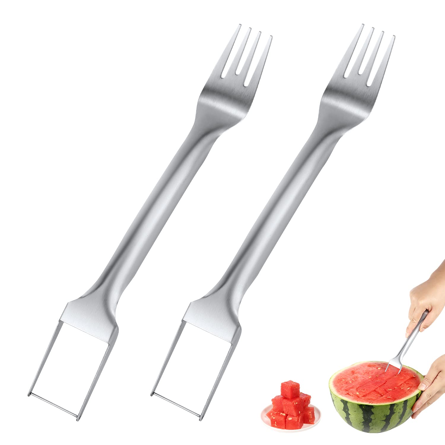 2pcs Watermelon Slicer Fork, Watermelon Cutting Tool 2-In-1 Watermelon Fork Slicer Cutter Stainless Steel Fruit Fork Cutter for Party Camping Fruit Shape