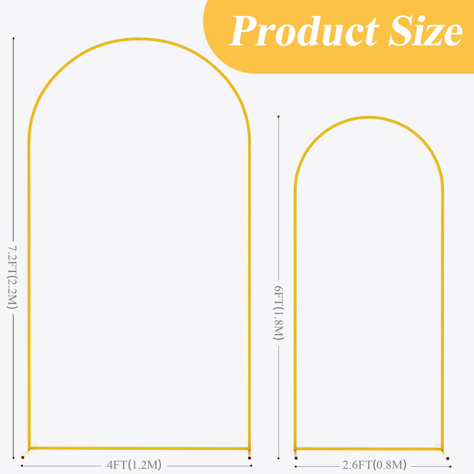 Putros Metal Arch Backdrop Stand Gold Wedding Arch Stand Set of 2 (7.2FT/6FT) Square Arched Frame for Birthday Party Graduation Ceremony Decoration