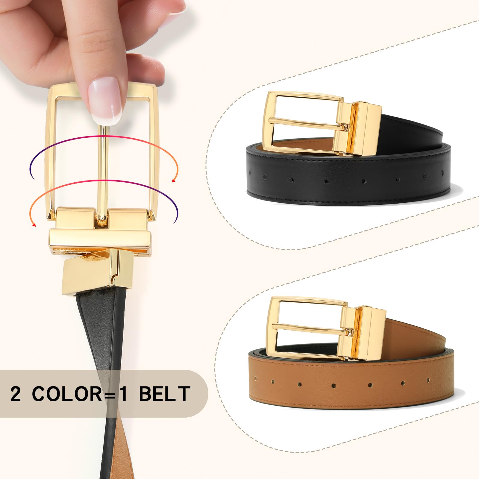 VONMELLI Reversible Belt for Women Women's Leather Belts for Jeans Pants Gold Buckle Fashion Ladies Dress Belt Trim to Fit Black Brown S