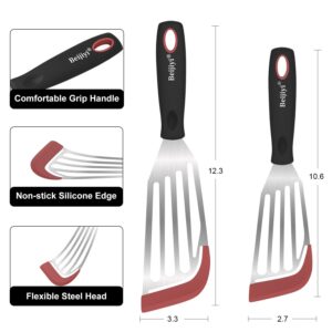 Beijiyi Fish Spatula Turner Set of 2, Heat Resistant Silicone Edge Slotted Fish Spatulas for Nonstick Cookware, Flexible and Thin Stainless Steel Kitchen Cooking Spatula Flipper for Fish, Egg, Pancake