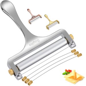 sopito cheese slicer stainless steel wire cheese slicer with 3 extra wires great for cheddar, gruyere, raclette, mozzarella cheese block, adjustable thickness - wire cheese slicer