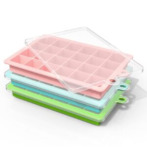 ice cube trays 3 pack, silicone ice cube trays for freezer, 24 cubes per ice trays, cube trays with removable lid, easy to remove, chilling drinks