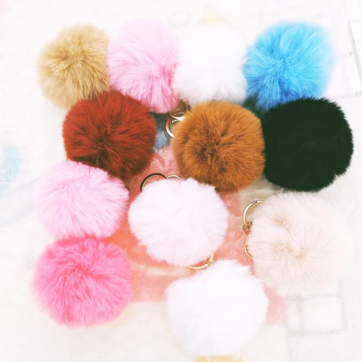 jtkdxqs Pom Pom Keychain Soft Artificial Rabbit Fur Plush Fluffy Ball Key Ring for Women,light pink