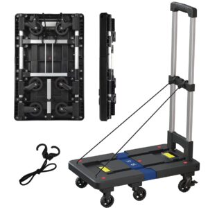 Klonvs Folding Hand Truck Dolly, 650 LBS Portable Shopping Carts with 6 Foldable Rotary Wheels (2 Brake Wheels) & 2 Elastic Ropes, Utility Cart Heavy Duty for Travel, Moving, Airport, Office Use