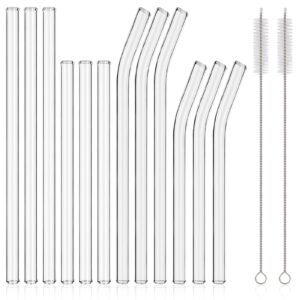 [12 Pcs] Reusable Glass Straws Shatter Resistant - 11" x 8mm and 9" x 8mm Each Including 3 Straight and 3 Bent with 2 Cleaning Brush Perfect for 30 oz and 20 oz Tumblers Juice Coffee Cocktail Tea