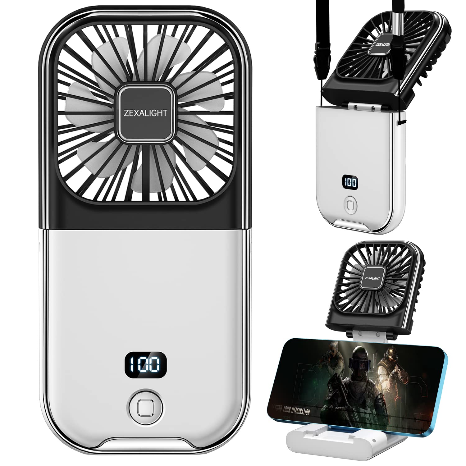 ZEXALIGHT Upgraded 5-in-1 Portable Handheld Fan, Necklace Fan, Mini Desk Fan, Foldable Phone Stand, Emergency Backup Power, Quiet USB Rechargeable Personal Fans with LED Digital Screen (Black & white)