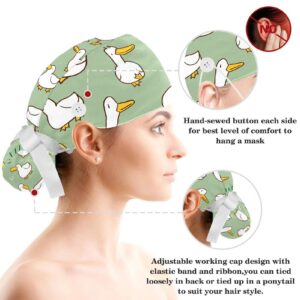 Women Working Cap with Buttons Bouffant Hat Cute Cartoon Duck Animal Nurse Scrub Caps Long Hair