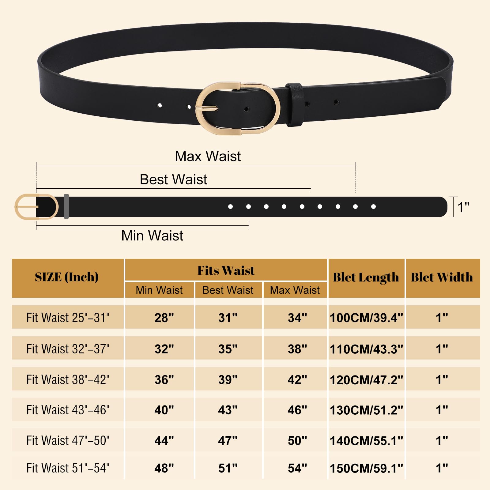 VONMELLI 3 Pack Women's Belts for Jeans Pants Fashion Gold Buckle Ladies Dress Belt Black Brown Beige S