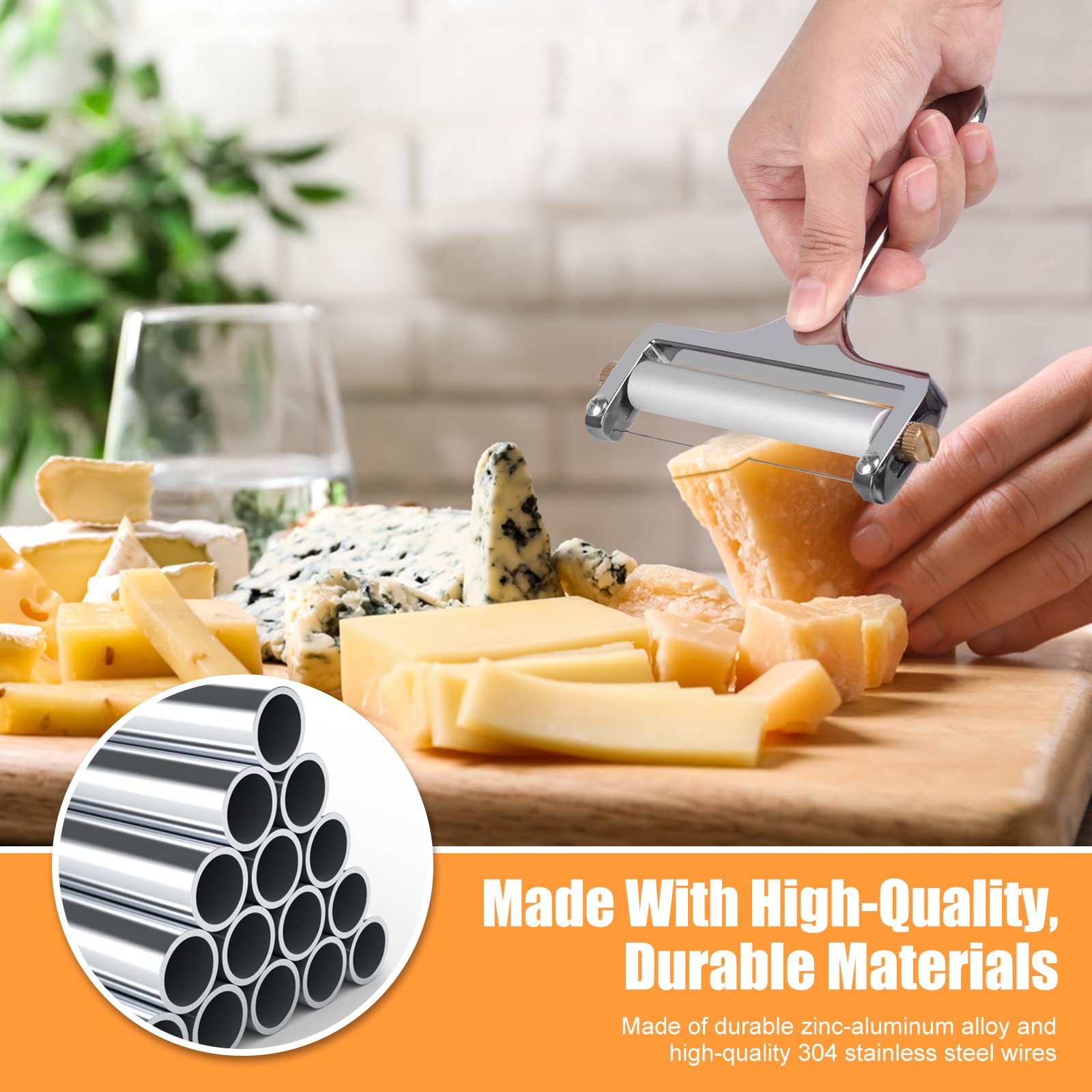 Sopito Cheese Slicer Stainless Steel Wire Cheese Slicer With 3 Extra Wires Great for Cheddar, Gruyere, Raclette, Mozzarella Cheese Block, Adjustable Thickness - Wire Cheese Slicer