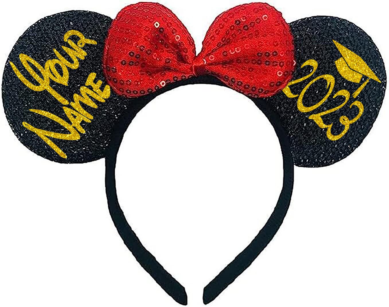 Personalized Graduation Mouse Ears for Class of 2024, Custom Graduation Gifts, Black Sequin Headband with Red Sequin Bow