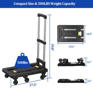 Klonvs Folding Hand Truck Dolly, 650 LBS Portable Shopping Carts with 6 Foldable Rotary Wheels (2 Brake Wheels) & 2 Elastic Ropes, Utility Cart Heavy Duty for Travel, Moving, Airport, Office Use