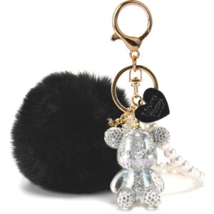 you wizv teddy bear keychain, cute bling keychains for women and puff ball key chains for car keys, backpack, purse accessories, aesthetic black pom pom keychain