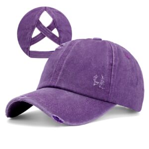 womens criss cross ponytail baseball cap distressed ponytail hat high messy bun ponycap outdoor sports dad hat purple