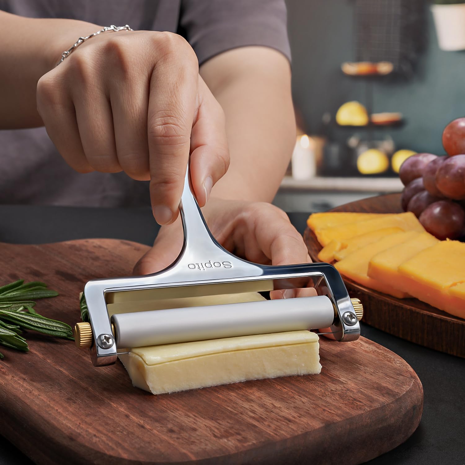 Sopito Cheese Slicer Stainless Steel Wire Cheese Slicer With 3 Extra Wires Great for Cheddar, Gruyere, Raclette, Mozzarella Cheese Block, Adjustable Thickness - Wire Cheese Slicer