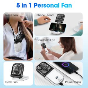 ZEXALIGHT Upgraded 5-in-1 Portable Handheld Fan, Necklace Fan, Mini Desk Fan, Foldable Phone Stand, Emergency Backup Power, Quiet USB Rechargeable Personal Fans with LED Digital Screen (Black & white)