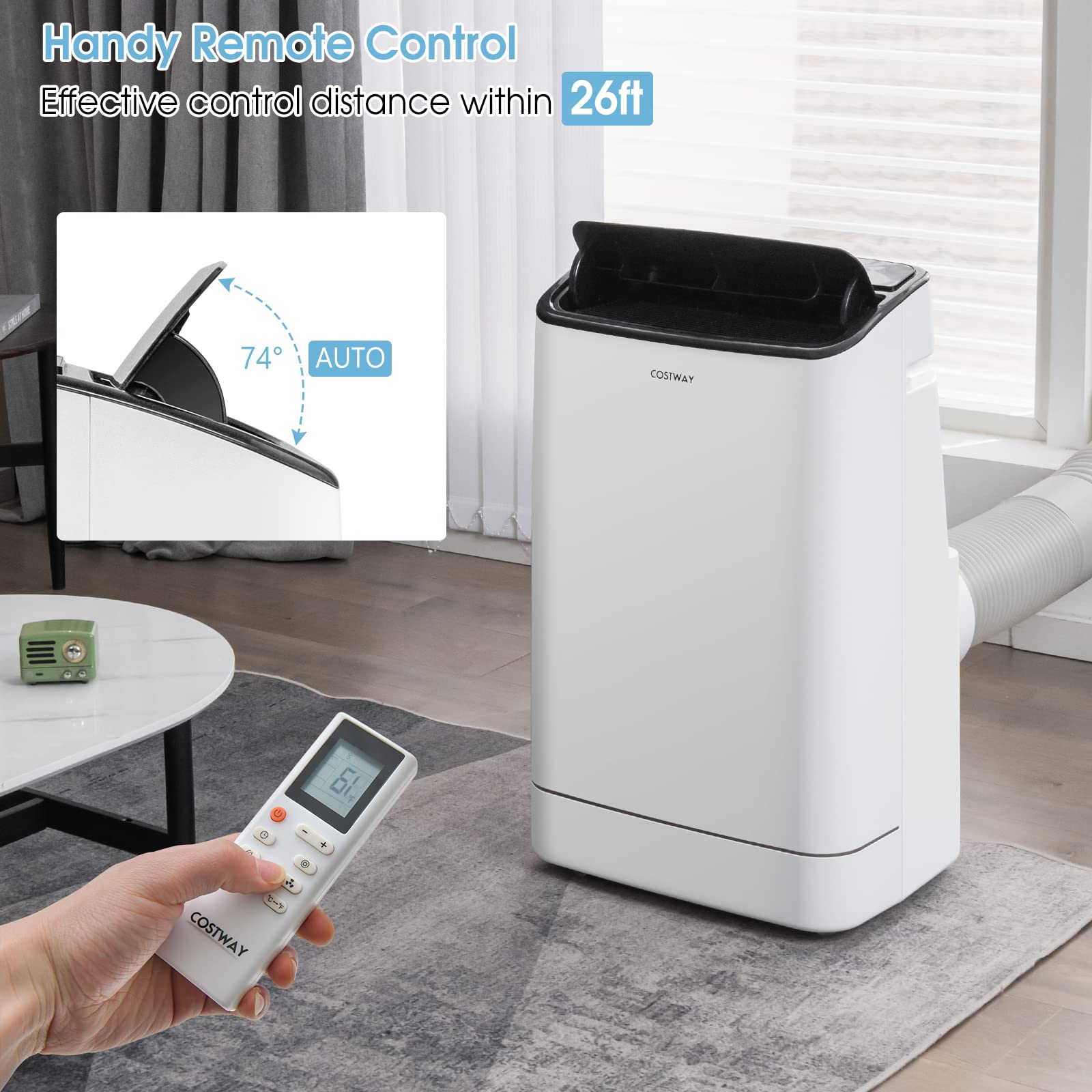 COSTWAY 15000 BTU Portable Air Conditioner, with Heat, Auto Swing 4-in-1 AC Unit for Rooms up to 800 Sq.Ft, with Built-in Dehumidifier, 24H Timer, Remote Control/APP Control & Window Kit