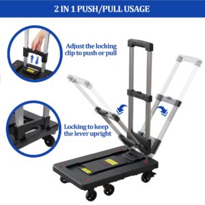 Klonvs Folding Hand Truck Dolly, 650 LBS Portable Shopping Carts with 6 Foldable Rotary Wheels (2 Brake Wheels) & 2 Elastic Ropes, Utility Cart Heavy Duty for Travel, Moving, Airport, Office Use