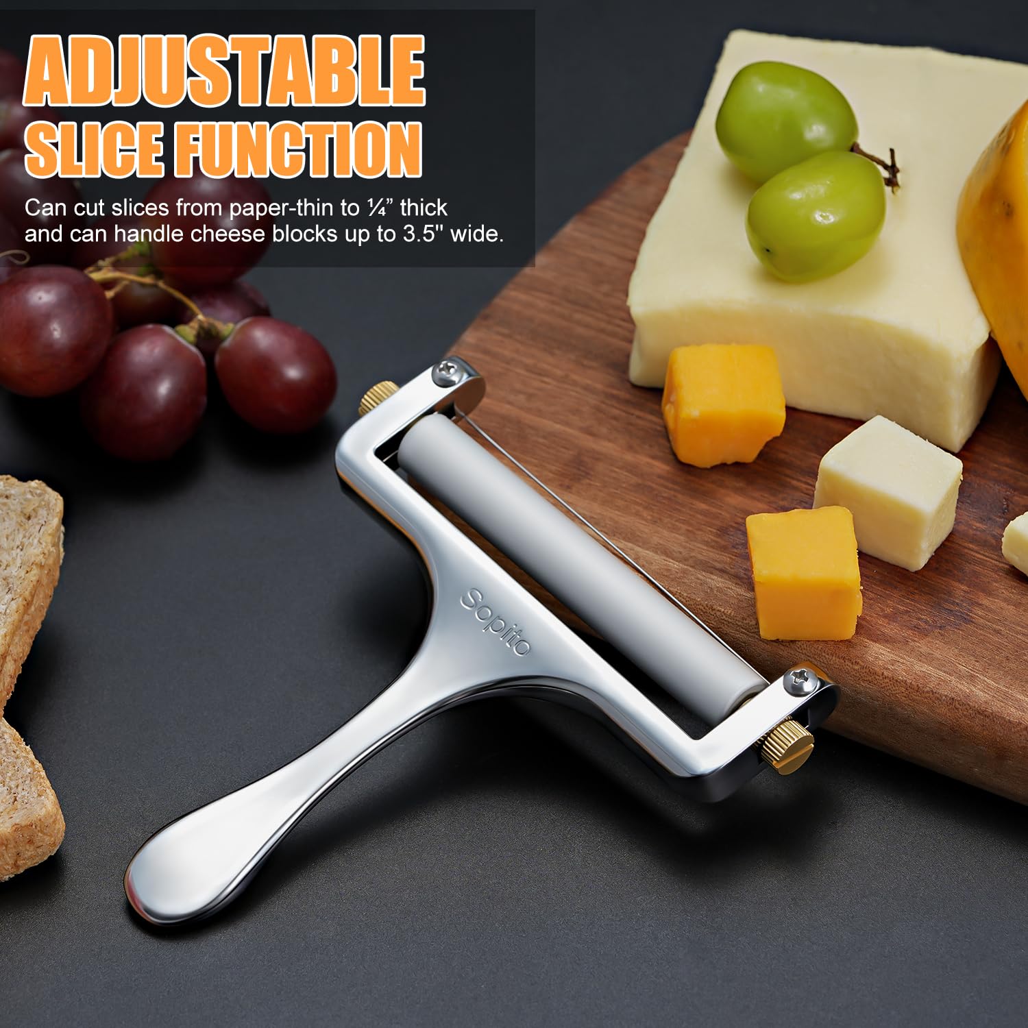 Sopito Cheese Slicer Stainless Steel Wire Cheese Slicer With 3 Extra Wires Great for Cheddar, Gruyere, Raclette, Mozzarella Cheese Block, Adjustable Thickness - Wire Cheese Slicer