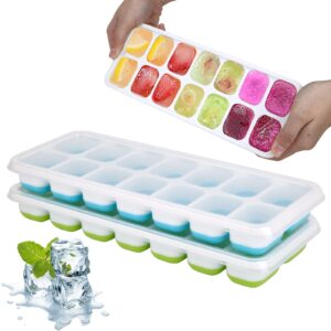 bohaipan ice cube tray, 2 pack silicone ice tray, 14 ice cube molds with lids, stackable ice cube molds for chilling drinks, whiskeys, cocktails (blue + green)