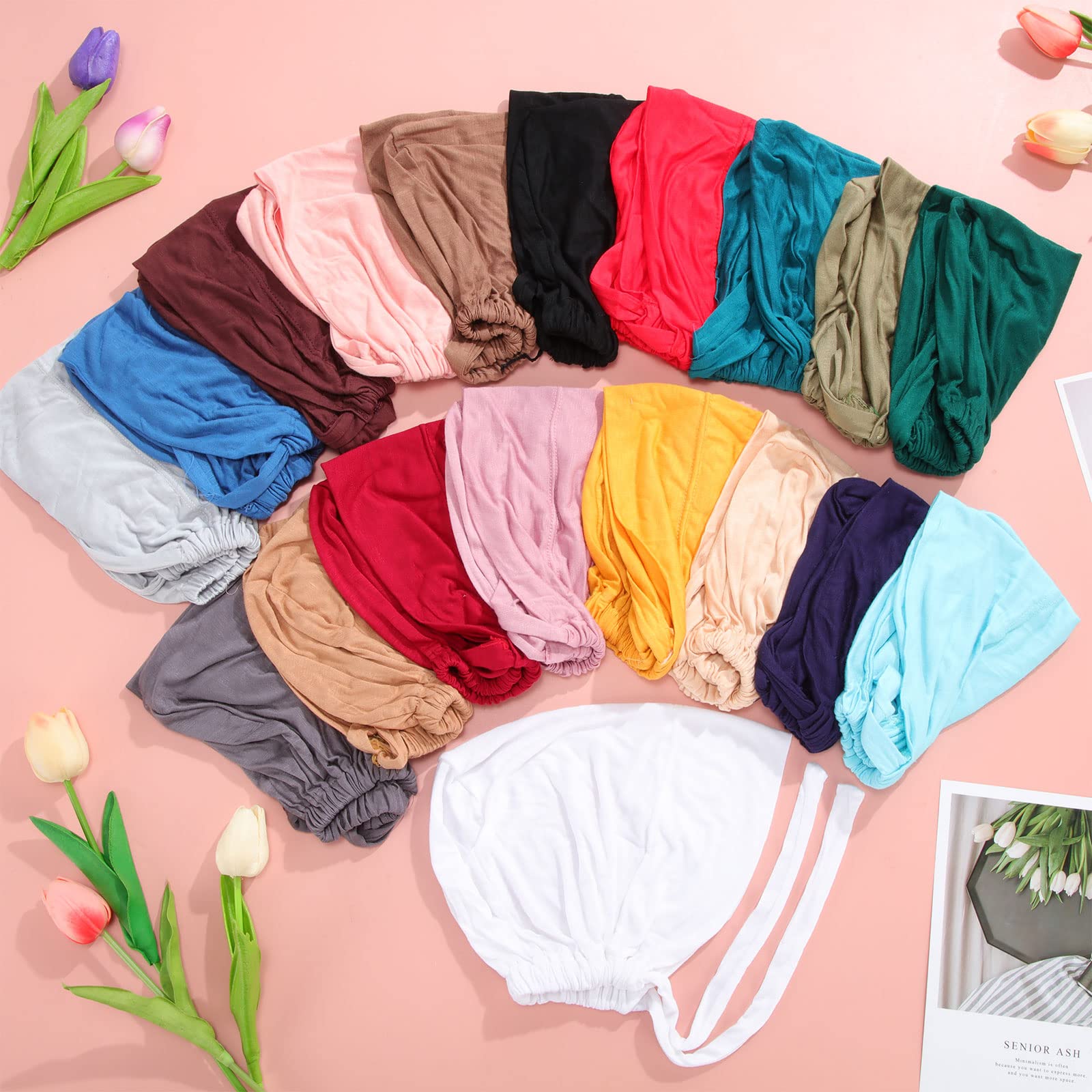 Handepo 20 Pcs Adjustable Hijab Undercap Muslim Inner Hijab Cap Islamic Hijab for Women Solid Color Hijab Underscarf Cotton Non Slip Bonnet Cover Hair Scarf Hat Wrap Head Tie Back Turban, 20 Colors