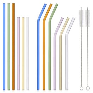 [12 pcs] reusable colorful long glass straws - 11" x 8mm and 9" x 8mm shatter resistant each including 3 straight and 3 bent with 2 cleaning brush perfect for 30 oz 20 oz tumblers juice coffee