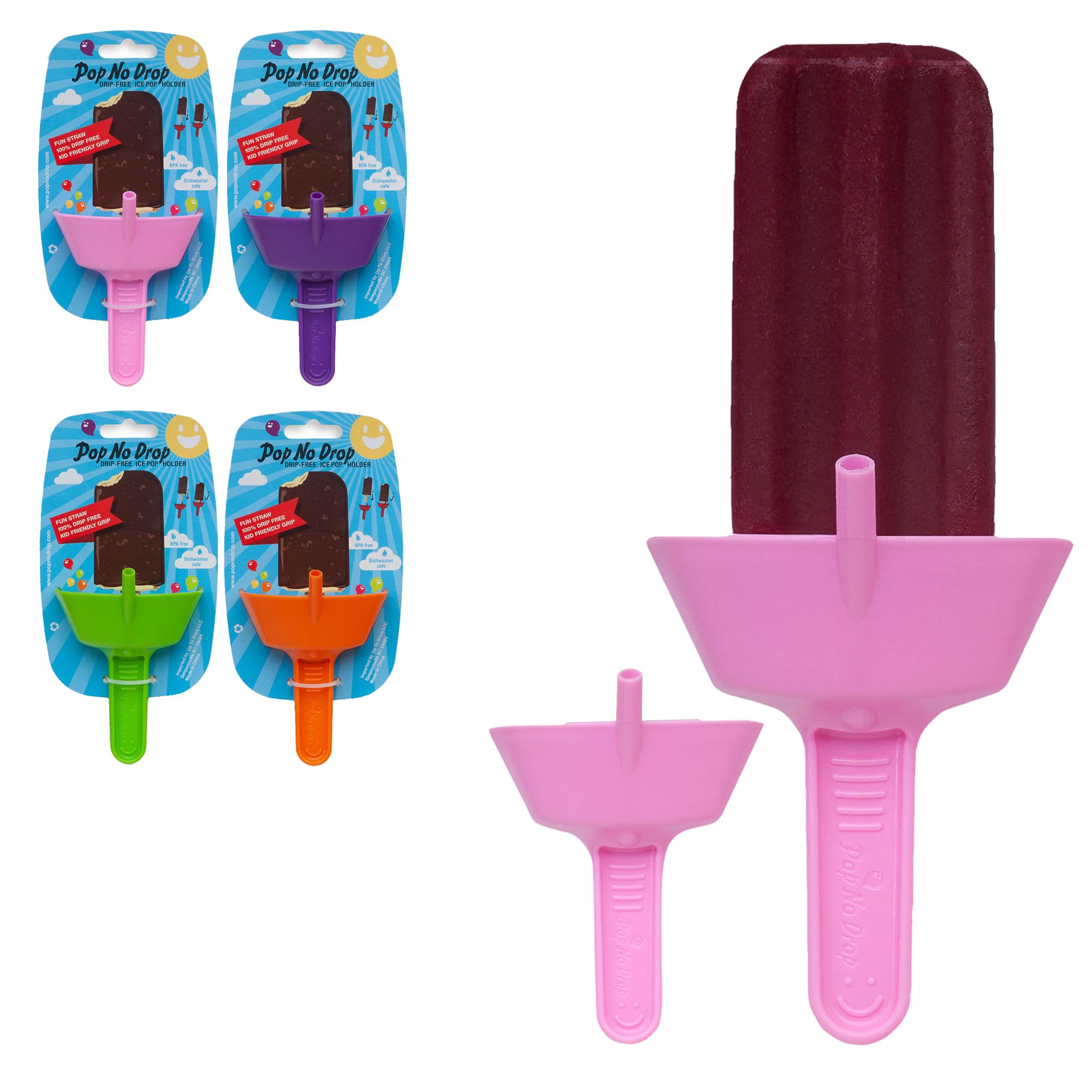 THE ORIGINAL Pop No Drop Popsicle Holder - Mess-Free Frozen Treats Holder with Straw - Drip Free, BPA Free & Dishwasher Safe - No Drip Ice Pop Popsicle Holders for Kids and Adults - PINK w/Header