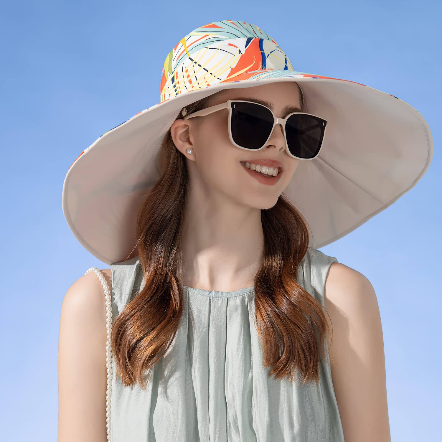 HUAMULAN Women Wide Brim Summer Sun Hat Wired Edge Floral Beach Fishing Bucket Hats Reversible Foldable Travel UV Protection