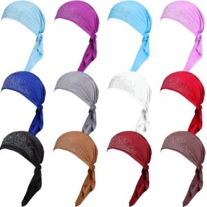 mumufy 12 pcs chemo head scarf pre tied stretchy head wrap hair turban alopecia durag for women rhinestone bandana skull cover scarf headbands for women cold caps for chemotherapy to prevent hair loss