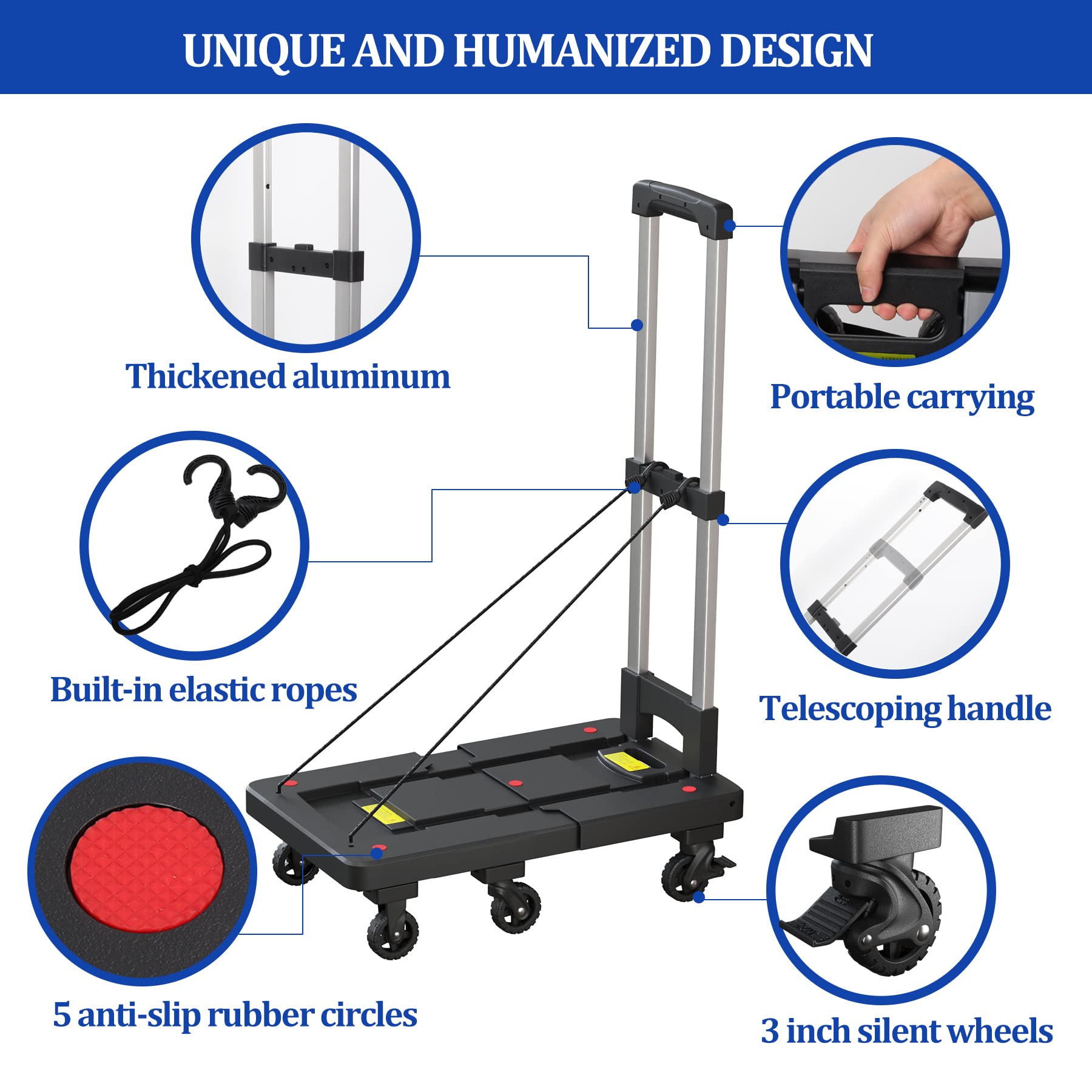 Klonvs Folding Hand Truck Dolly, 650 LBS Portable Shopping Carts with 6 Foldable Rotary Wheels (2 Brake Wheels) & 2 Elastic Ropes, Utility Cart Heavy Duty for Travel, Moving, Airport, Office Use