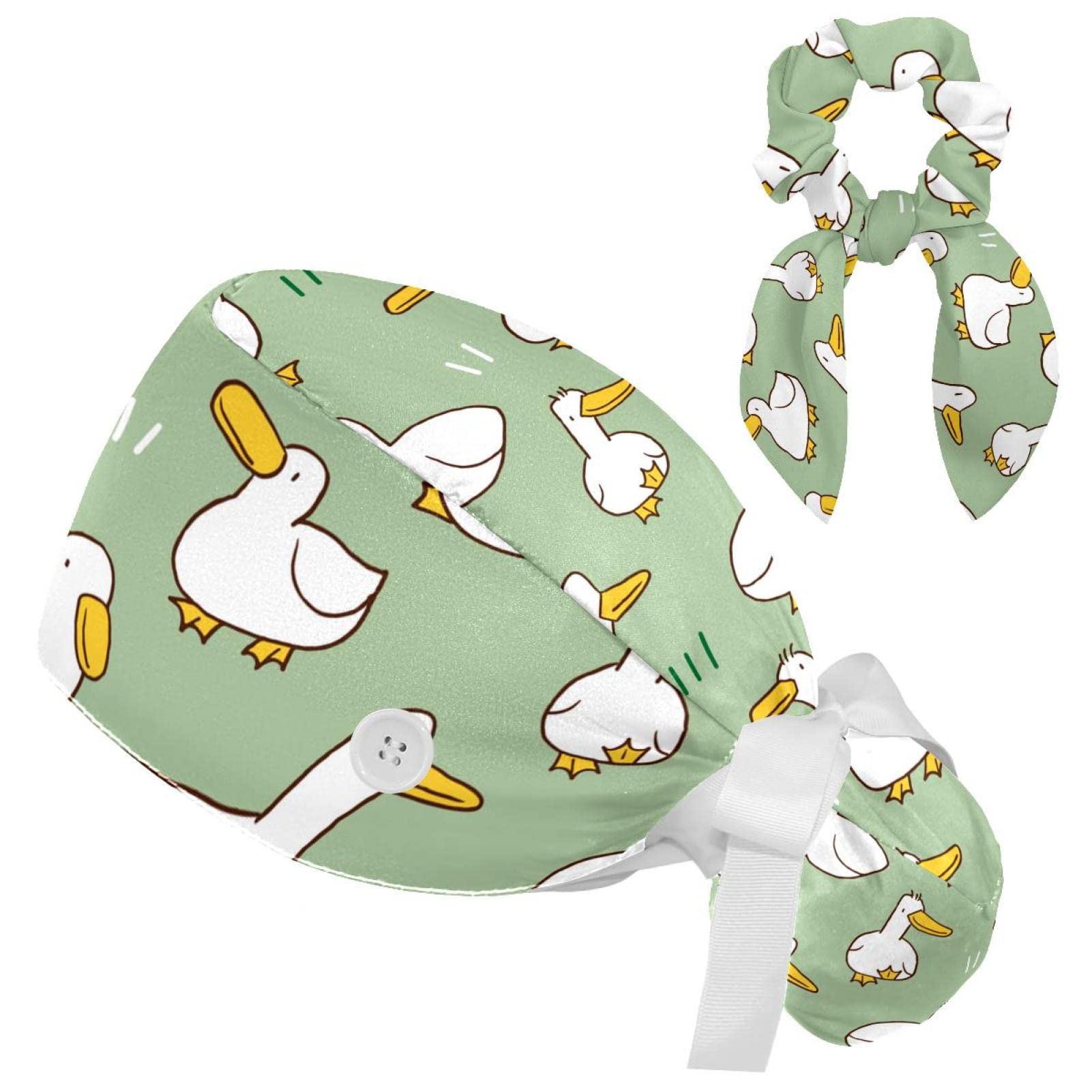 Women Working Cap with Buttons Bouffant Hat Cute Cartoon Duck Animal Nurse Scrub Caps Long Hair