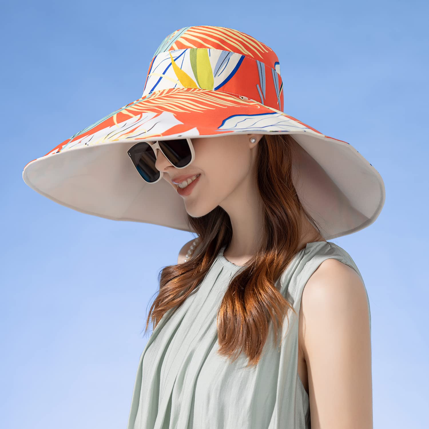 HUAMULAN Women Wide Brim Summer Sun Hat Wired Edge Floral Beach Fishing Bucket Hats Reversible Foldable Travel UV Protection