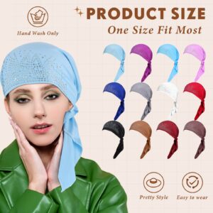 Mumufy 12 Pcs Chemo Head Scarf Pre Tied Stretchy Head Wrap Hair Turban Alopecia Durag for Women Rhinestone Bandana Skull Cover Scarf Headbands for Women Cold Caps for Chemotherapy to Prevent Hair Loss