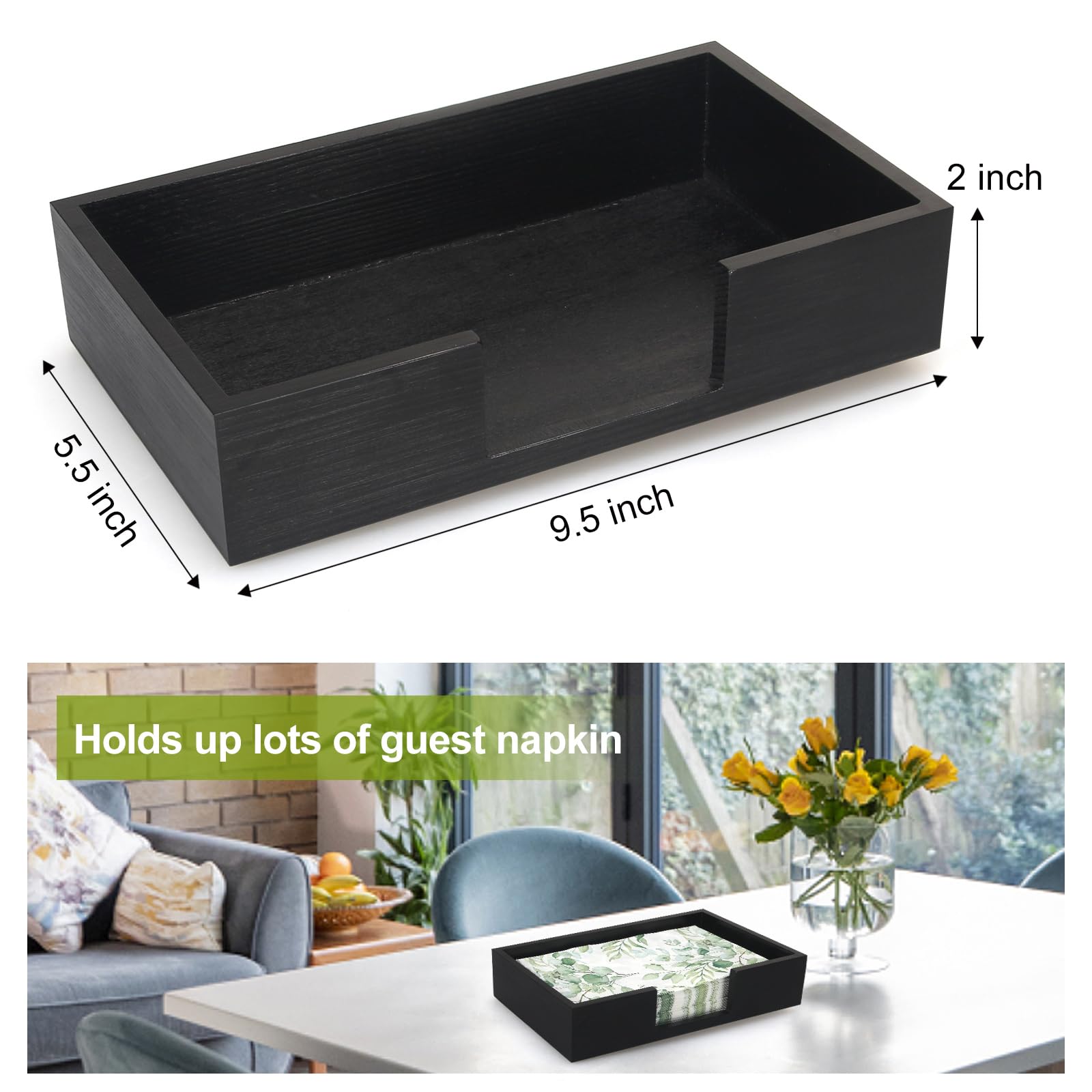 Black Wooden Napkin Holder Guest Towels Holder Flat Bathroom Napkin Holder Disposable Hand Towel Tray Cocktail Napkin Holder for Table Countertop Paper Towel Holder Basket Modern Kitchen Napkin Holder