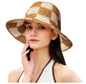 sun hats checkerboard straw bucket hat for women packable crochet wide brim floppy beach hats traveling summer accessories (beige)