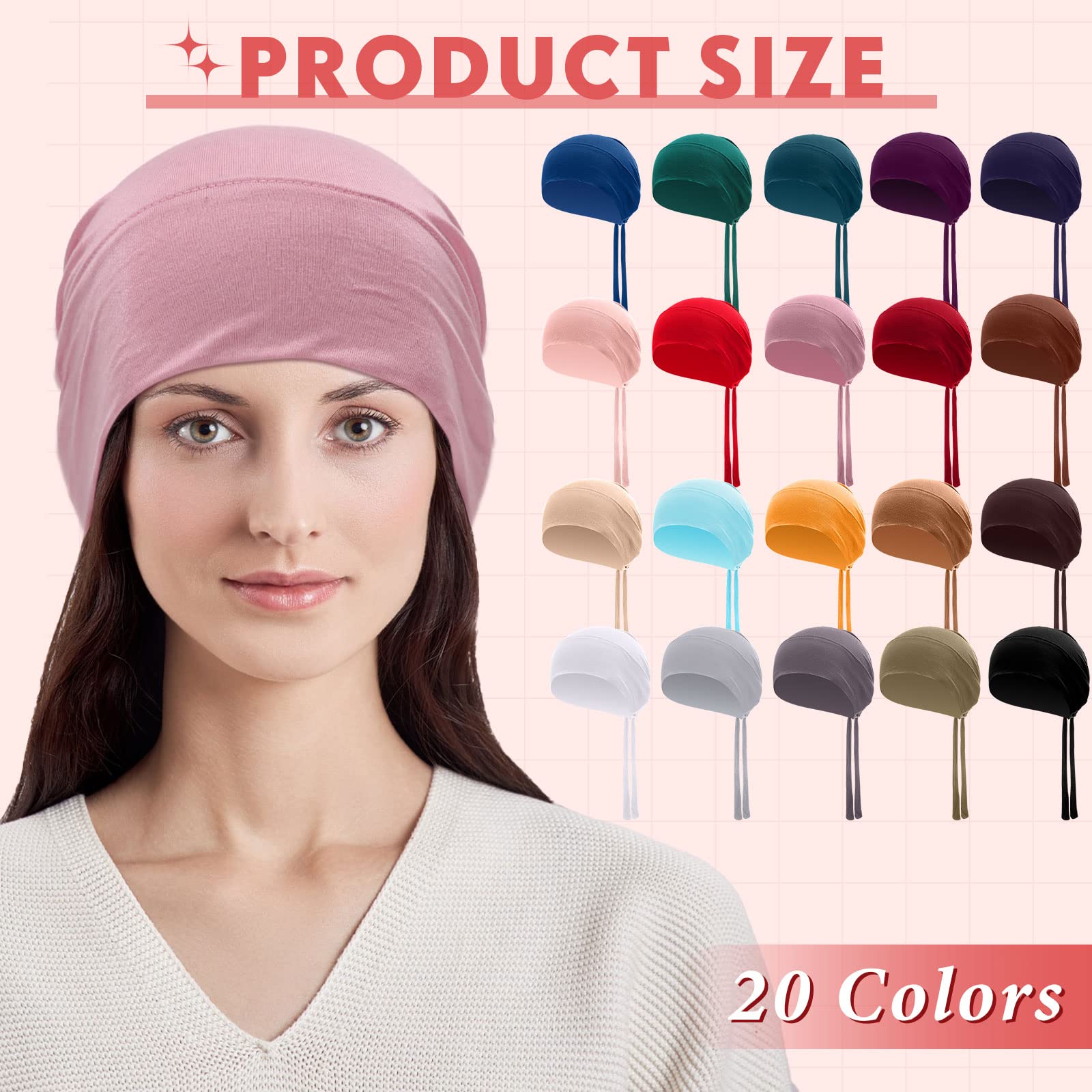 Handepo 20 Pcs Adjustable Hijab Undercap Muslim Inner Hijab Cap Islamic Hijab for Women Solid Color Hijab Underscarf Cotton Non Slip Bonnet Cover Hair Scarf Hat Wrap Head Tie Back Turban, 20 Colors