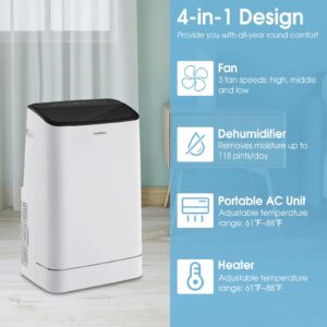 COSTWAY 15000 BTU Portable Air Conditioner, with Heat, Auto Swing 4-in-1 AC Unit for Rooms up to 800 Sq.Ft, with Built-in Dehumidifier, 24H Timer, Remote Control/APP Control & Window Kit