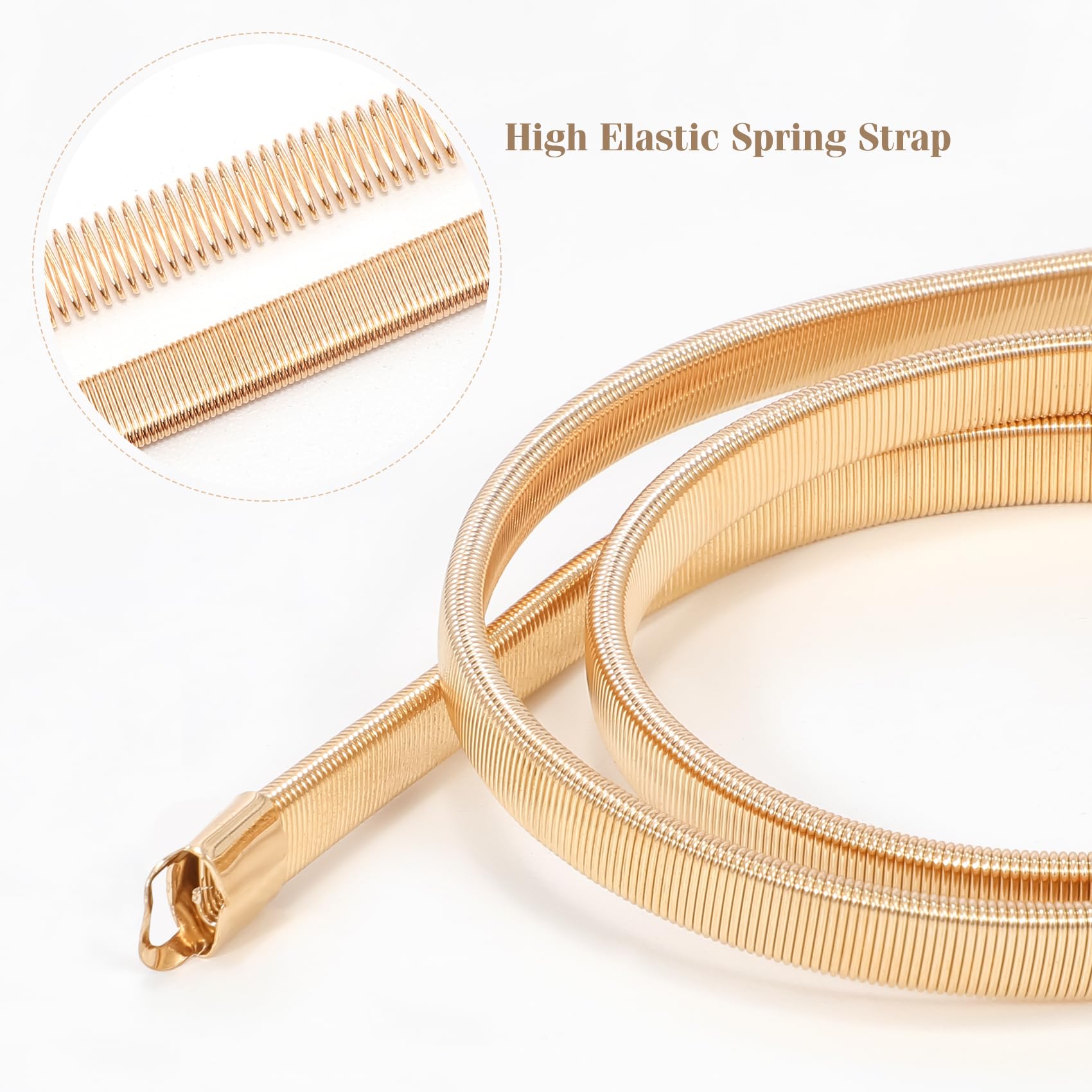 VONMELLI Skinny Elastic Metal Cinch Belt for Dress Stretch Thin Waist Belt for Women Gold Tone M