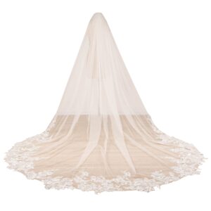 elawbty 1 t floral lace 3 4 5 m long wedding bridal veil f22 ivory