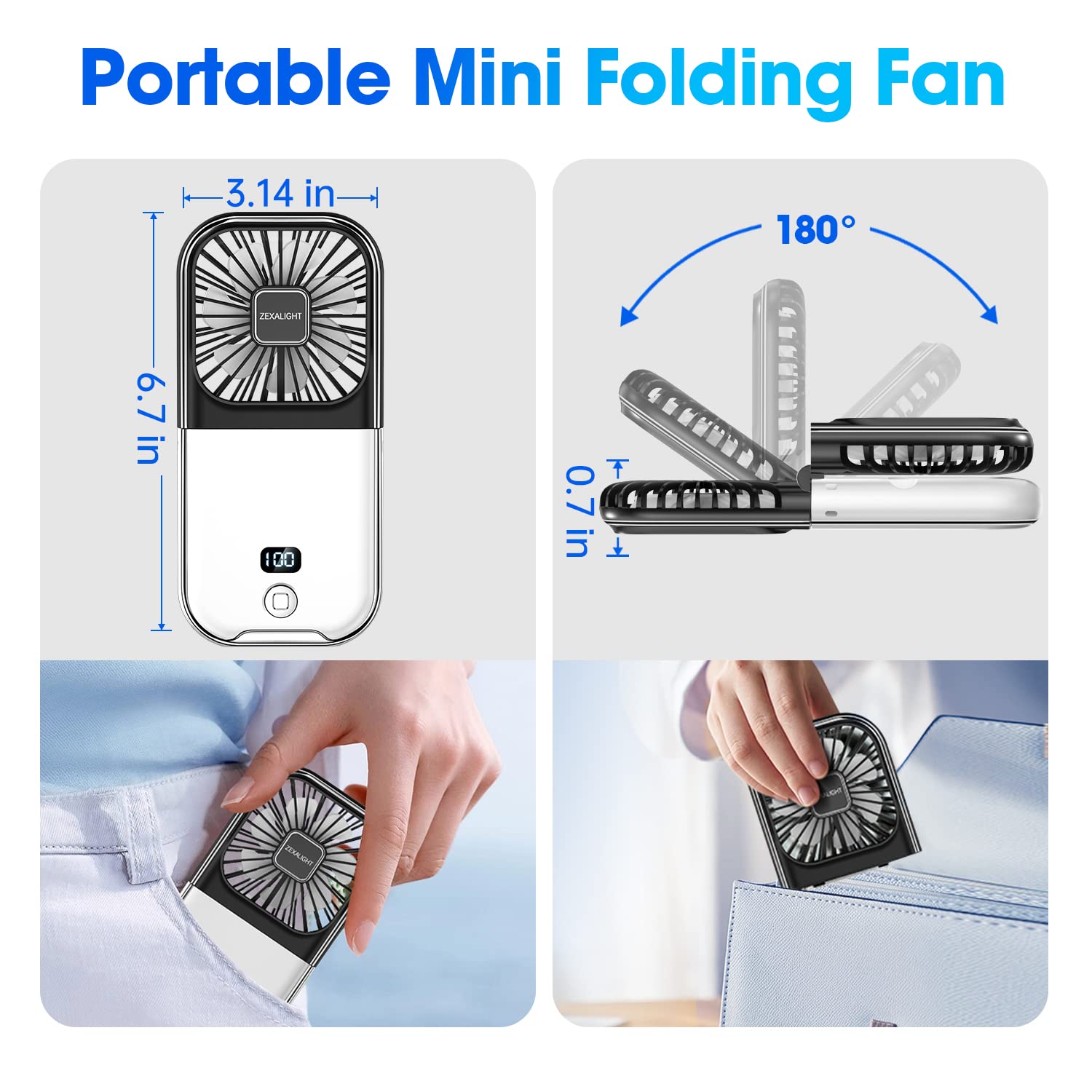 ZEXALIGHT Upgraded 5-in-1 Portable Handheld Fan, Necklace Fan, Mini Desk Fan, Foldable Phone Stand, Emergency Backup Power, Quiet USB Rechargeable Personal Fans with LED Digital Screen (Black & white)