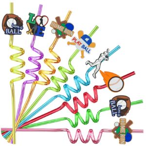 meaxur 24pcs baseball party themed twisty reusable plastic straws for sport baseball party favor gift bags,daily drinking straws,birthday parties,class reunions,with 2 cleaning brushes.（8color）