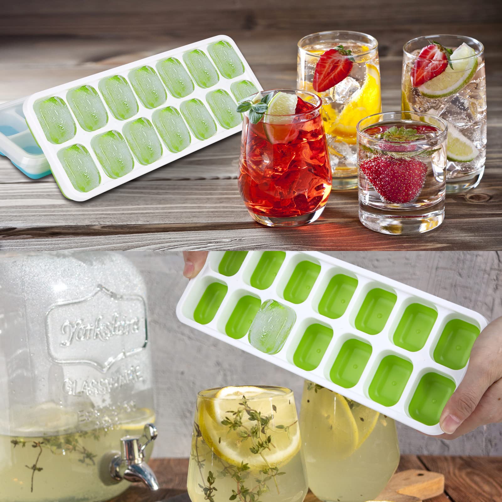 BOHAIPAN Ice Cube Tray, 2 Pack Silicone Ice Tray, 14 Ice Cube Molds with Lids, Stackable Ice Cube Molds for Chilling Drinks, Whiskeys, Cocktails (Blue + Green)