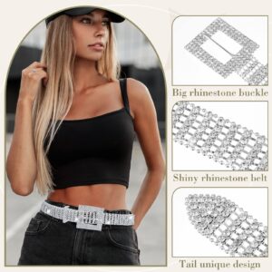 Jeyiour 3 Pcs Rhinestone Belt Silver Elastic Waist Belt Glitter Belt Shiny Crystal Chain Bling Waistband Square Ring Wide Waist Band for Women Ladies Girls Jeans Dress