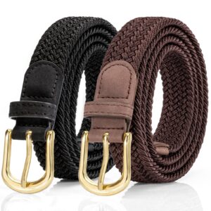 alphyly neries 2 pack women plus size belt, woven elastic stretch belt, brown braided belt women, black+brown, for waist size 25-36''