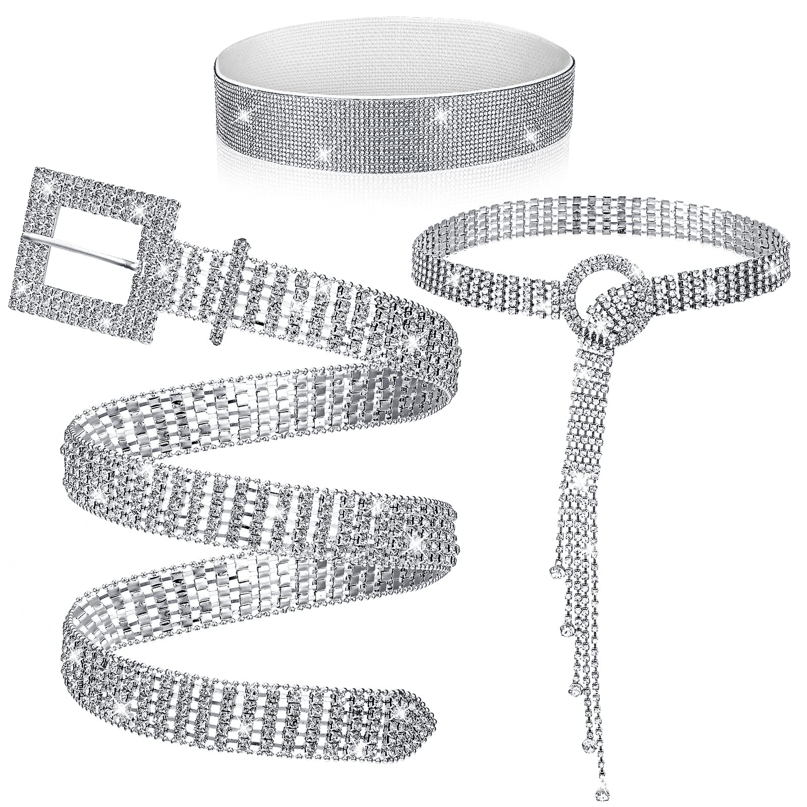 Jeyiour 3 Pcs Rhinestone Belt Silver Elastic Waist Belt Glitter Belt Shiny Crystal Chain Bling Waistband Square Ring Wide Waist Band for Women Ladies Girls Jeans Dress