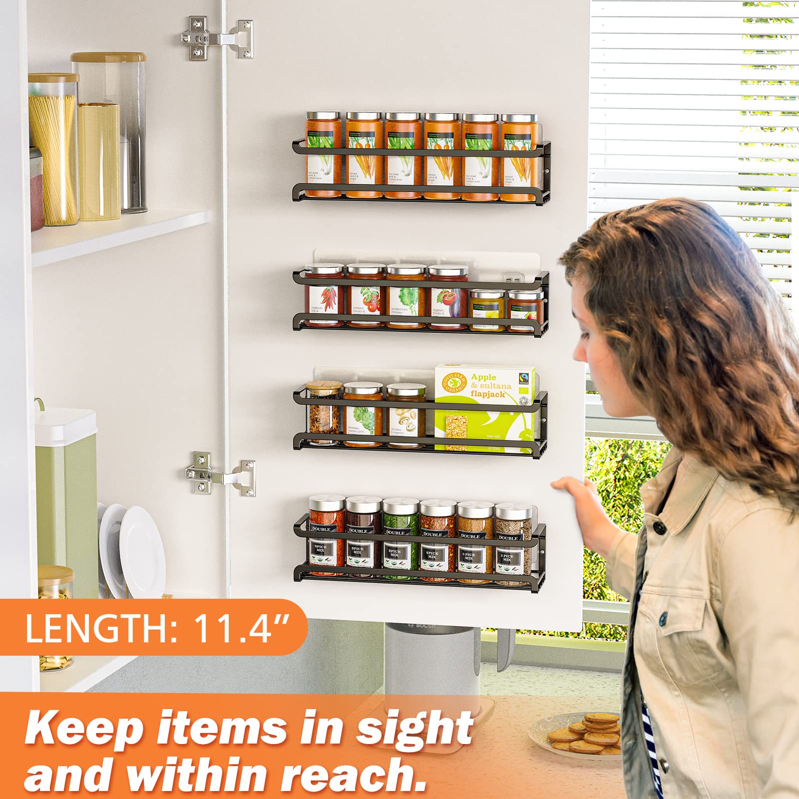 Bunoxea Spice Rack wall mounted 4 Pack, Space-Saving Spice Organizer for Spice Jars and Seasonings,Screw or Adhesive Hanging Spice Rack Organizer for Your Kitchen Cabinet,or Pantry Door