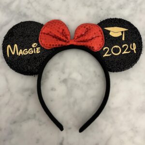 Personalized Graduation Mouse Ears for Class of 2024, Custom Graduation Gifts, Black Sequin Headband with Red Sequin Bow