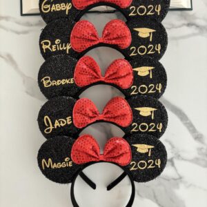 Personalized Graduation Mouse Ears for Class of 2024, Custom Graduation Gifts, Black Sequin Headband with Red Sequin Bow