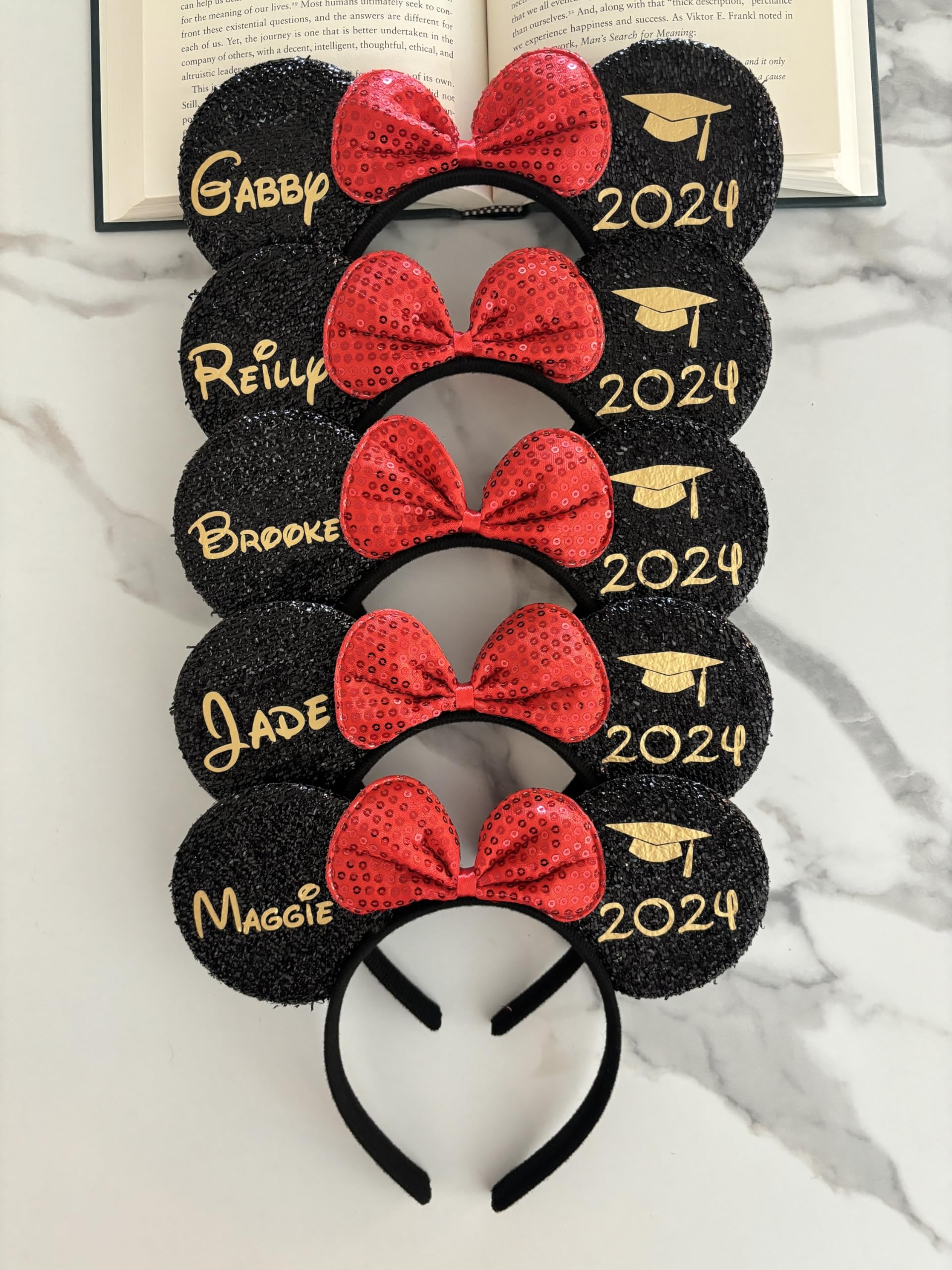 Personalized Graduation Mouse Ears for Class of 2024, Custom Graduation Gifts, Black Sequin Headband with Red Sequin Bow