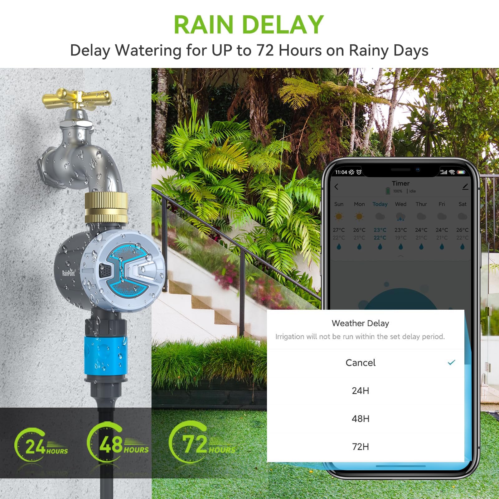 RAINPOINT Sprinkler Timer WiFi Water Timer, Smart Wireless Hose Faucet Timer for Garden, Irrigation System Controller, APP Remote Control via 2.4Ghz WiF (WiFi Sprinkler Timer (Brass Swivel))